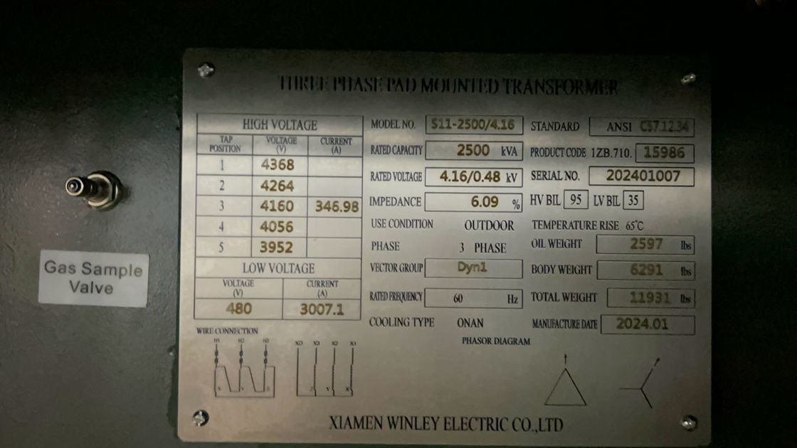 2500kVA 3단계 패드 장착 변압기 단계 하위 13.8KV 480V